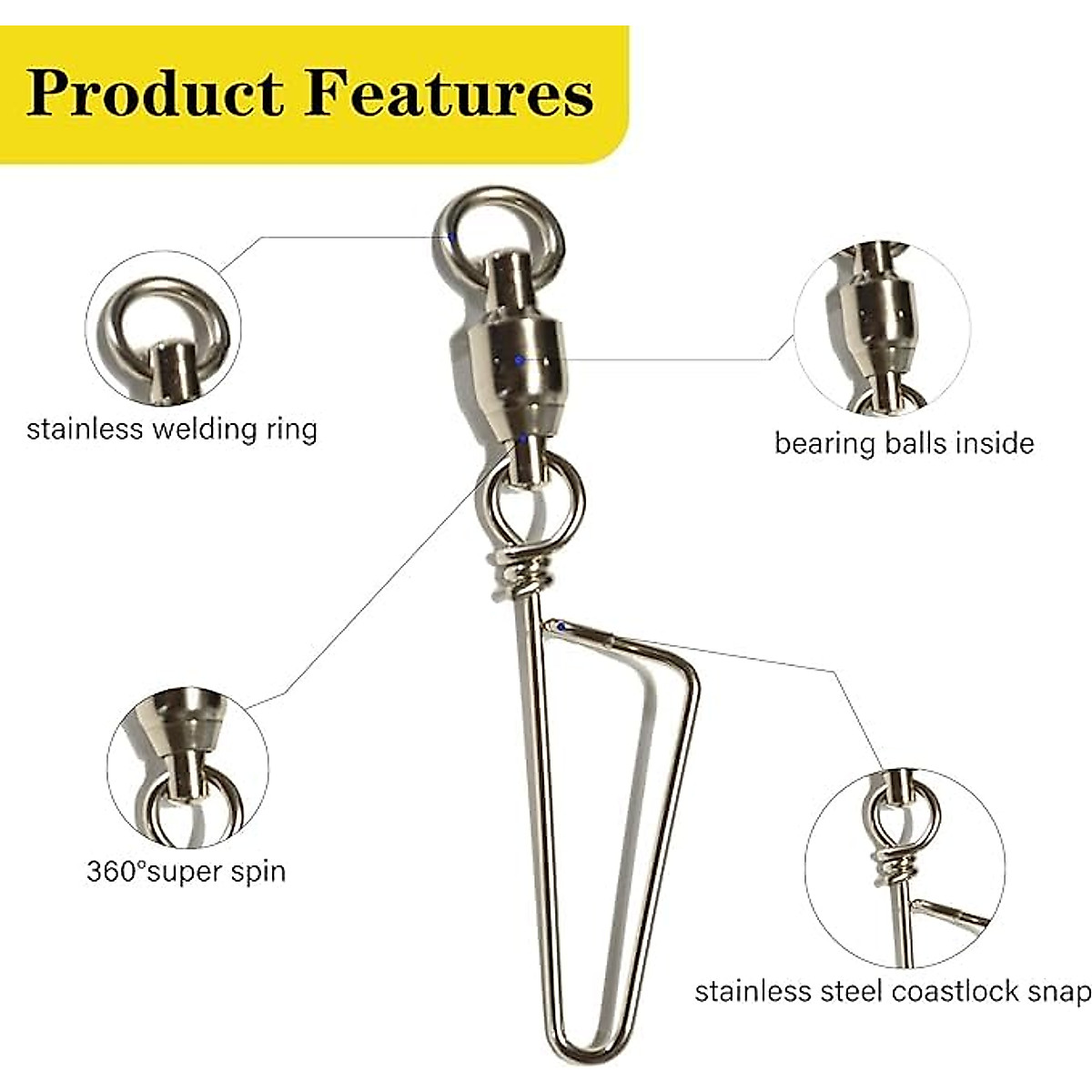Vinfutin Fishing Ball Bearing Swivel with Coastlock Snap,20pcs/Box Fishing Snap Swivels High Strength Stainless Steel Saltwater Barrel Swivel Snaps Size 0#~6#,Test 26LB~180LB Fishing Tackle 1#-20pcs