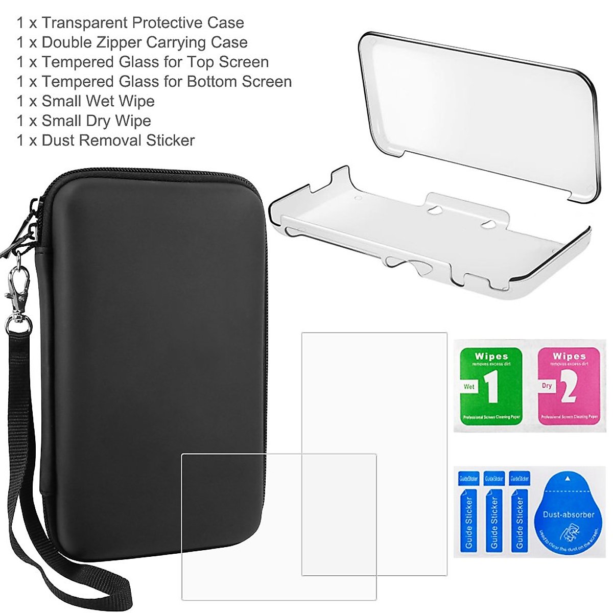 Protective Cases Compatible New 2DS XL with Screen Protectors, AFUNTA 1 Crystal Clear Case and 1 EVA Carrying Case for Console, with 2 Pcs Anti-Scratch Tempered Glass Films for Screens