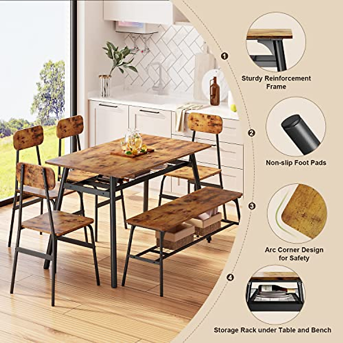 Gizoon 6-Piece Dining Table Set for Home, Kitchen, Dining Room with Storage Racks, Rectangular Kitchen Table with Bench, 4 Chairs, Steel Frame, Brown