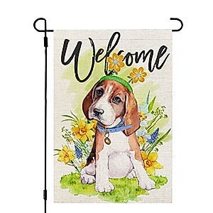 CROWNED BEAUTY Spring Dog Garden Flag Beagle Floral 12x18 Inch Double Sided for Outside Welcome Burlap Small Yard Holiday Decoration CF756-12