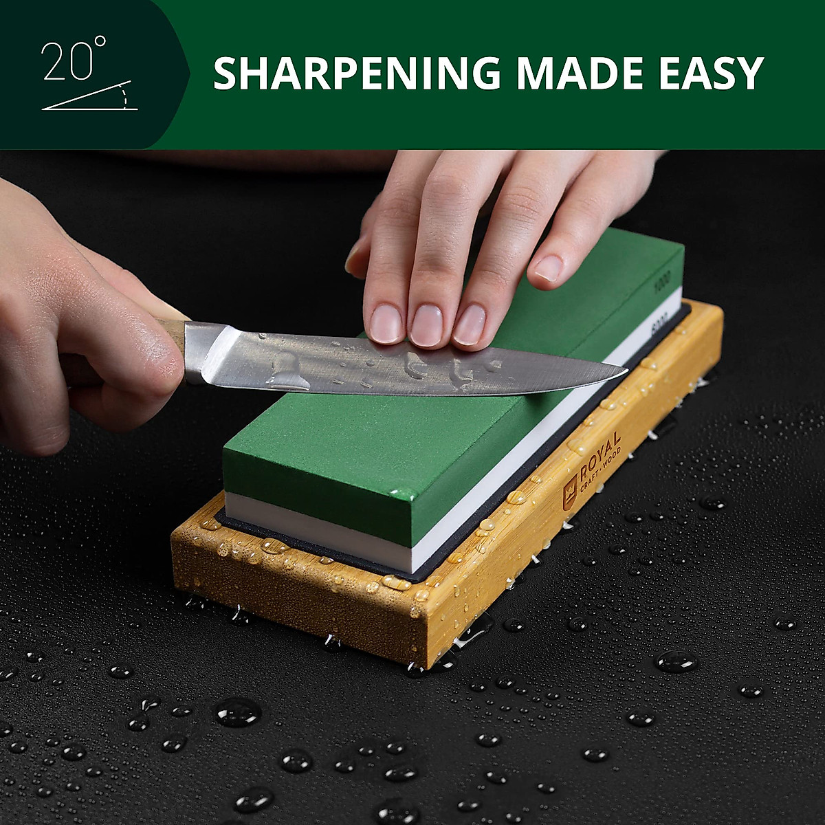 Universal Knife Sharpening Stone w/Dual Grit 1000/6000 for Kitchen Knife Set, Chef Knife, and more - Whetstone Sharpening Kit with Angle Guide, Non-Slip Silicon and Bamboo Bases by ROYAL CRAFT WOOD