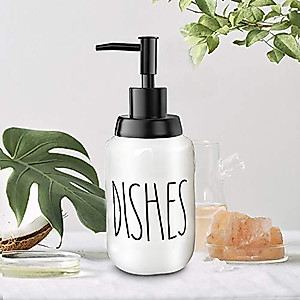 Soap Dispenser–Modern Farmhouse Style Ceramic Dishes Liquid Soap Dispenser–Perfect for Kitchen Counter Décor or Kitchen Sink-Bathroom Soap Dispenser–White Bottles with Black Pump and Lettering(14oz)