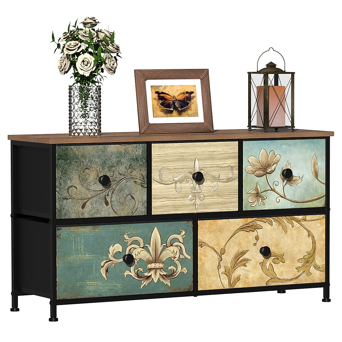 Tohomeor Dresser with Drawers for Bedroom Chest of Drawers Fabric Dresser for Closet,Nursery Entryway Hall Tree TV Stand for Living Room Retro Floral Pattern Drawers Wooden Top (5 Drawers)