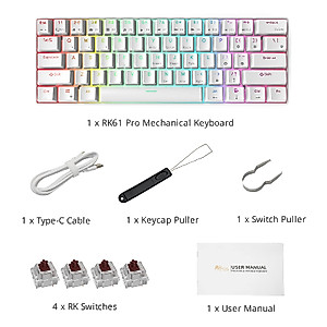 RK ROYAL KLUDGE 60% Mechanical Keyboard RK61 Pro, Wireless Gaming Keyboard Aluminum Frame, BT/Wired RGB Keyboard Bluetooth, PBT 61 Keys Mechanical Keyboard Hot Swappable, Brown Switch, White