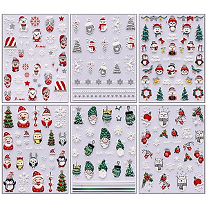 JMEOWIO 6 Sheets 3D Embossed Christmas Glitter Nail Art Stickers Decals Self-Adhesive Pegatinas Uñas 5D Snowman Elk Snowflake Xmas Winter Holiday Nail Supplies Nail Art Design Decoration Accessories