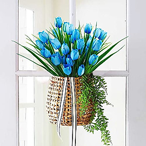 Ruidazon 6 Bundles Tulips Artificial Flowers,30 Heads Outdoor Artificial Tulip Faux Plastic Greenery Shrubs Plants UV Resistant for Easter Home Outside Garden Porch Window Decor (Blue)