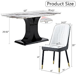Henf 7-Piece Dining Set Modern Table and Chair Set for 6, Faux Marble Top Dining Table with 6pcs White&Gray Dining Chairs, 63'' White Dining Room Table with MDF Base, Kitchen Table Set for 6