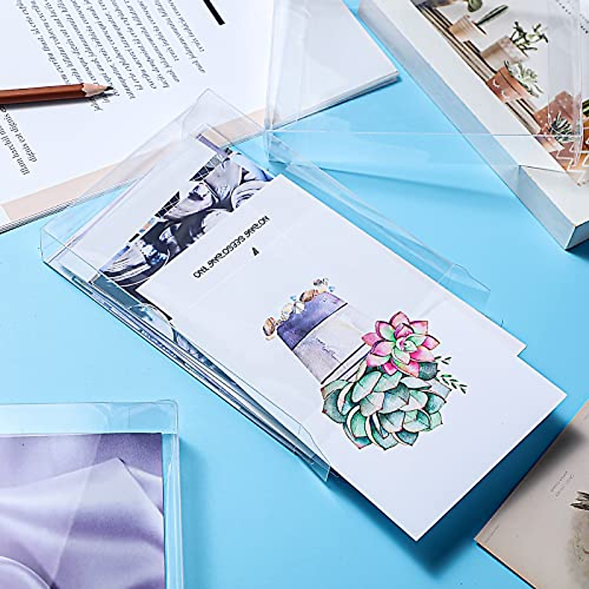 100 Pack Clear Favors Boxes Plastic Gift Boxes Transparent Crystal Photo Greeting Card Storage Box Clear Fold Wrap Boxes Case for A2 Paper Envelope Letter Packaging, 4.5 x 1.0 x 5.9 Inch