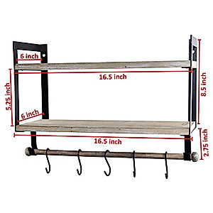 Spiretro Floating Shelves 2 Tier Wall Shelf, Spice Rack with Towel Tissue Bar, Metal Hooks Organize Mugs Utensils, Home Storage for Kitchen, Bathroom, Rustic Wood_Grey