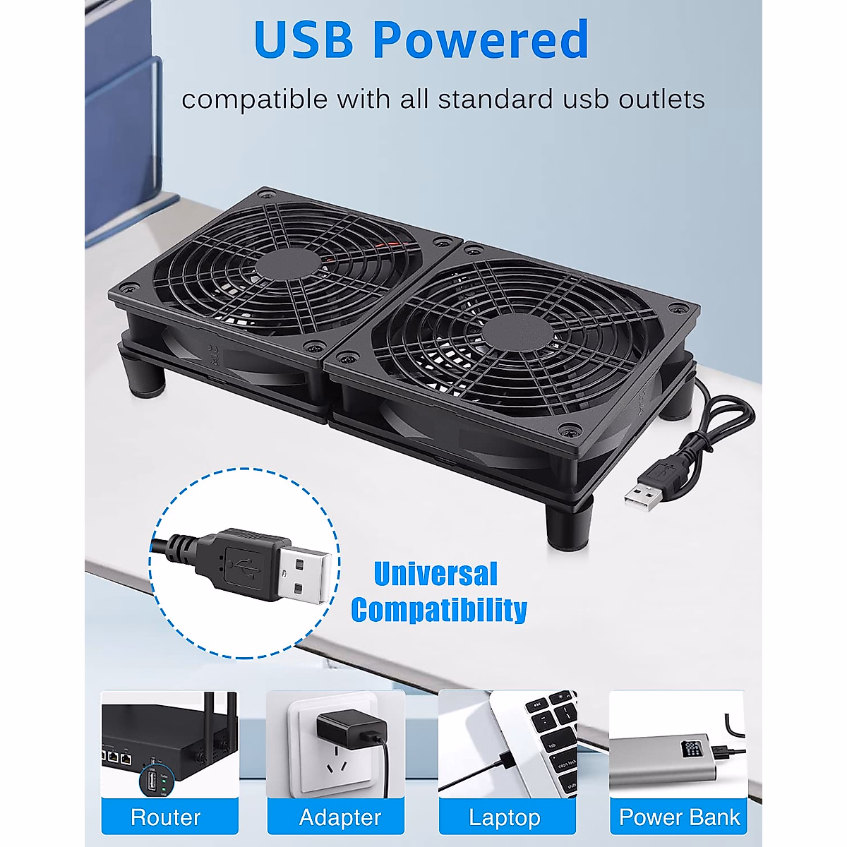 GDSTIME Dual 120mm 5V USB Fans, 102CFM Big Airflow Fan Cooling for Router TV Box Micro Computer and Other Electronics