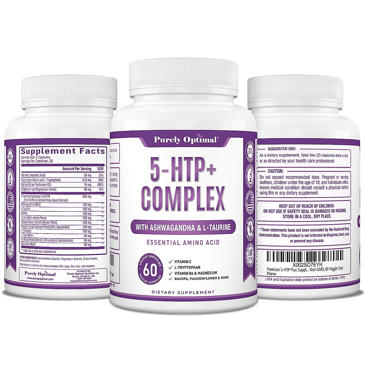 Purely Optimal Premium 5-HTP Plus Supplement 250mg Maximum Strength - Enhanced with Vitamin B6, Gluten Free, Non-GMO, 60 Veggie Caps