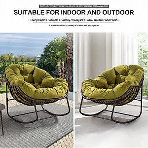 Outdoor Rocking Chair, Patio Oversized Rattan Egg Rocking Chair, Indoor Outside Padded Cushion Rocker Recliner Chair, Modern Lounge Chair for Front Porch, Garden, Backyard, Balcony, Deck, Olive Green