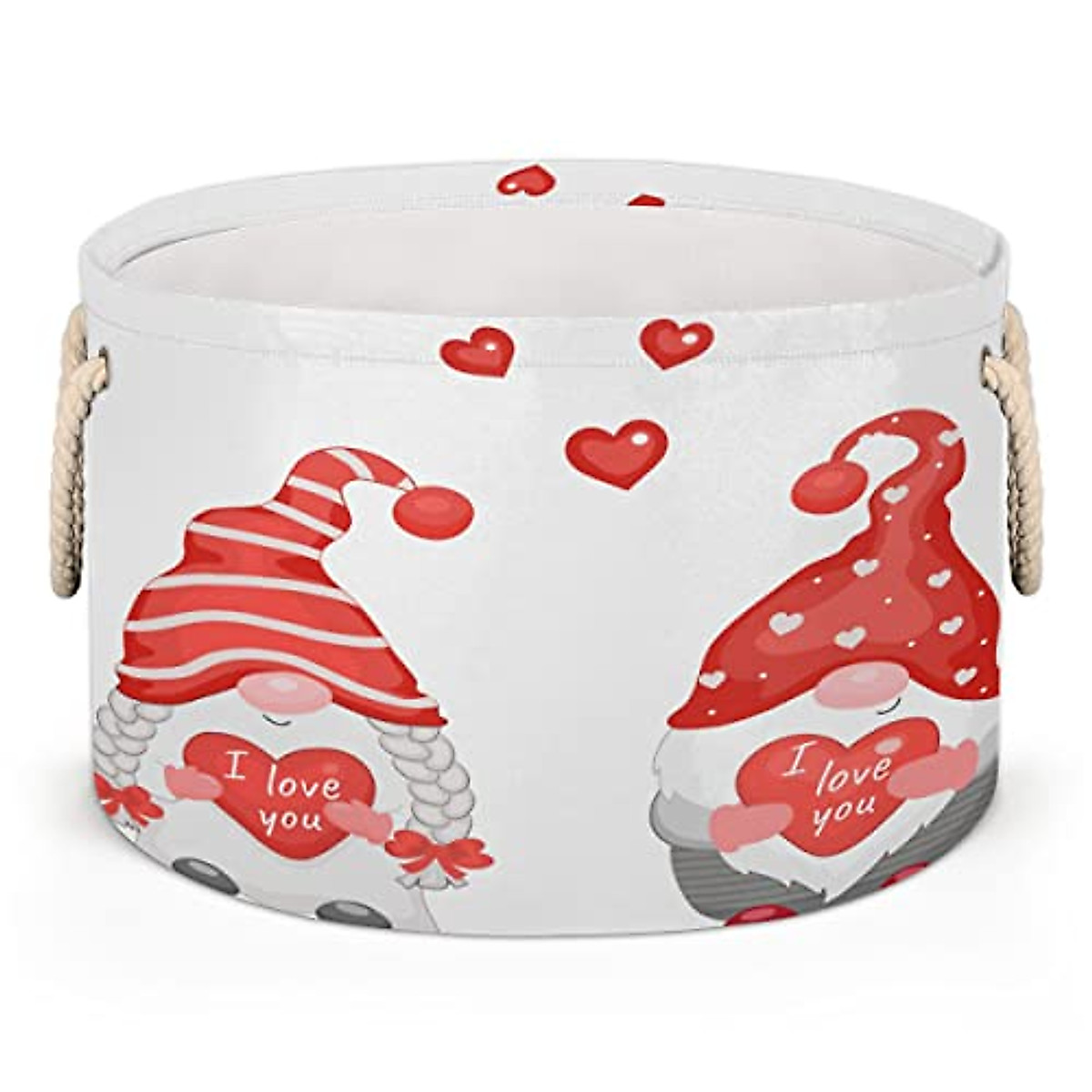 Valentine Cute Gnomes Love Heart (11) Large Round Baskets for Storage Laundry Baskets with Handles Blanket Storage Basket for Bathroom Shelves Bins for Organizing Nursery Hamper Girl Boy