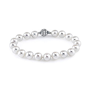The Pearl Source 14K Gold 7-8mm AAA Quality Round White Freshwater Cultured Pearl Bracelet for Women