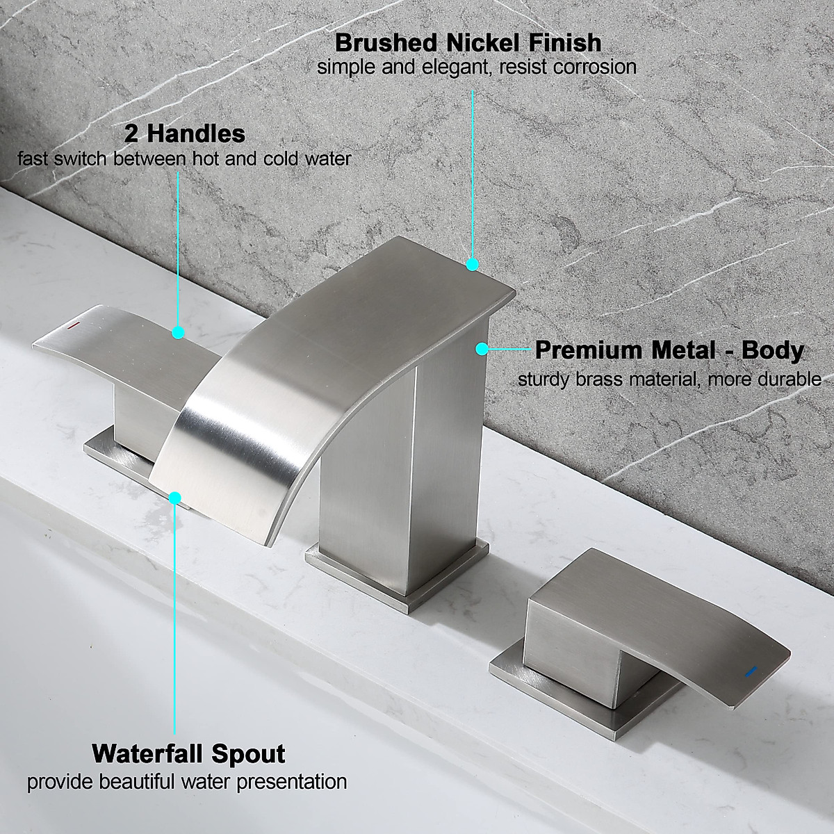 Brushed Nickel Waterfall Bathroom Faucet for Sink 3 Hole - Widespread, 2-Handles 8 Inch Modern Faucet for Bathroom Sink, Vanity Faucet with cUPC Supply Lines