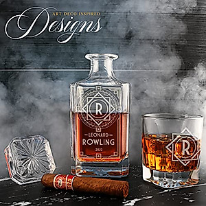 Personalized Whiskey Decanter Set with Glasses, 5 PC - 4 Optional Designs - Custom Whiskey Liquor Decanter 25 Oz with 4 Whiskey Glasses, Personalized Gifts for Men, D1