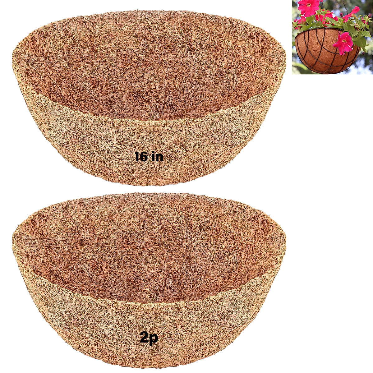 Y&M 2pcs 16“ Round Coconut Fiber Liner, 16'' Coco Liner Pre-Formed Replacement for Wall Hanging Planter Basket