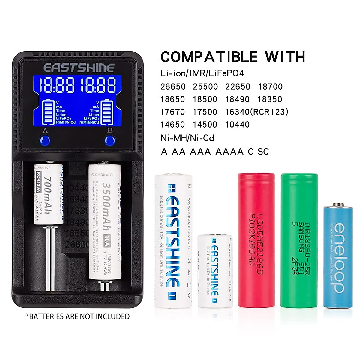EASTSHINE Universal Smart Battery Charger 2 Slots for Rechargeable Batteries 1.2V Ni-MH Ni-Cd AA AAA C 3.2V LiFePO4 3.7V Li-ion IMR 18650 26650 21700 16340 14500 18500 10440 18350 RCR123A UL Listed