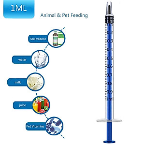 20 Pack 1ml Syringe without Needle with Cap, Sterile Individual Wrap for Scientific Labs, Feeding Pets, Liquid Measuring or Refilling Multiple Uses Tools
