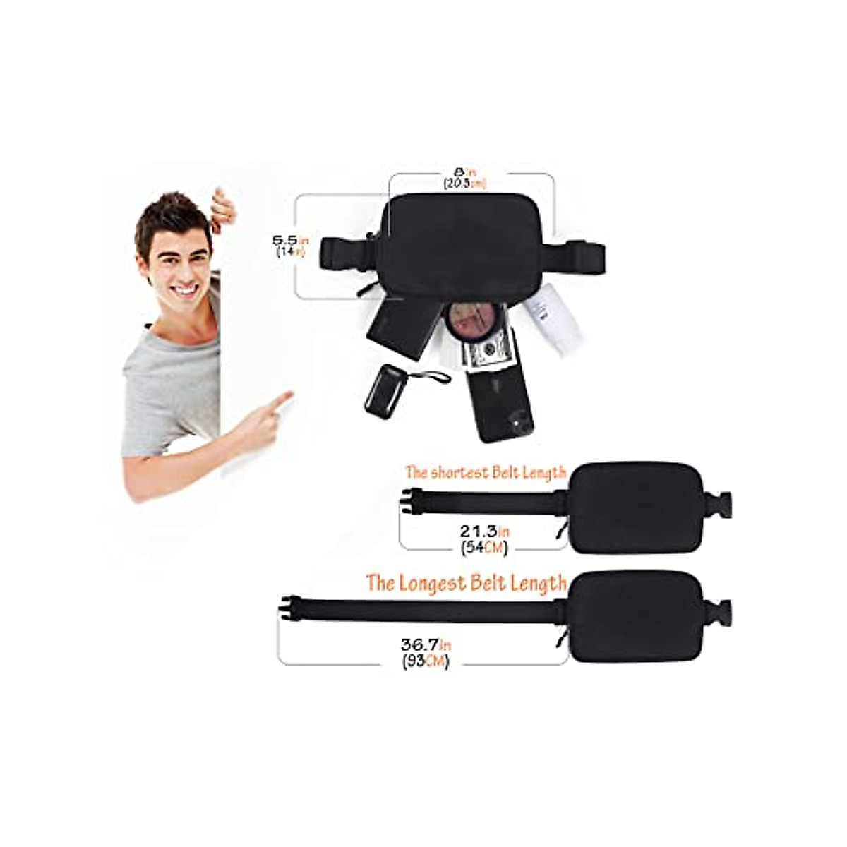 2Pack Unisex Fanny Belt Bag with Adjustable Strap Fashionable Mini Waist Packs for Runnning Workout Hiking Travelling and Everywear Daily Use (2pack Black-Orange)