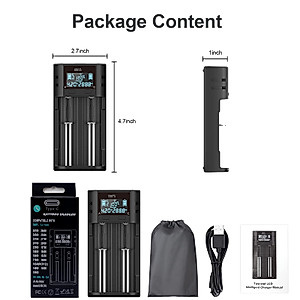 18650 Battery Charger, 2 Bay Battery Charger with Smart LCD Display Fast Charge for Rechargeable Batteries Li-ion LiFePO4 NI-MH NI-Cd AA AAA C 21700 26650 13650 16340 18350 18700 RCR123