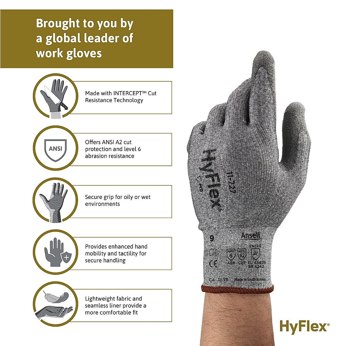 Ansell HyFlex 11-727 Ultralight Cut-Resistant Industrial Gloves w/Reinforced Palm for Machinery, Auto, Warehousing - Large, Grey (144 Pairs)