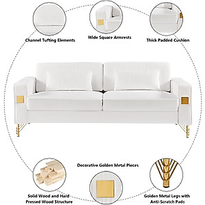 Betoko Velvet Upholstered Sofas Couches for Living Room Modern Contemporary Channel Tufted Beige 3 Seater Sofa Couch with Golden Metal Legs for Bedroom Office and Small Spaces (White)