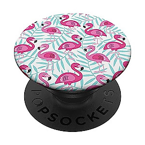 Pink Flamingos Teal Palm Tree Leaves Cute Beach Theme PopSockets Swappable PopGrip