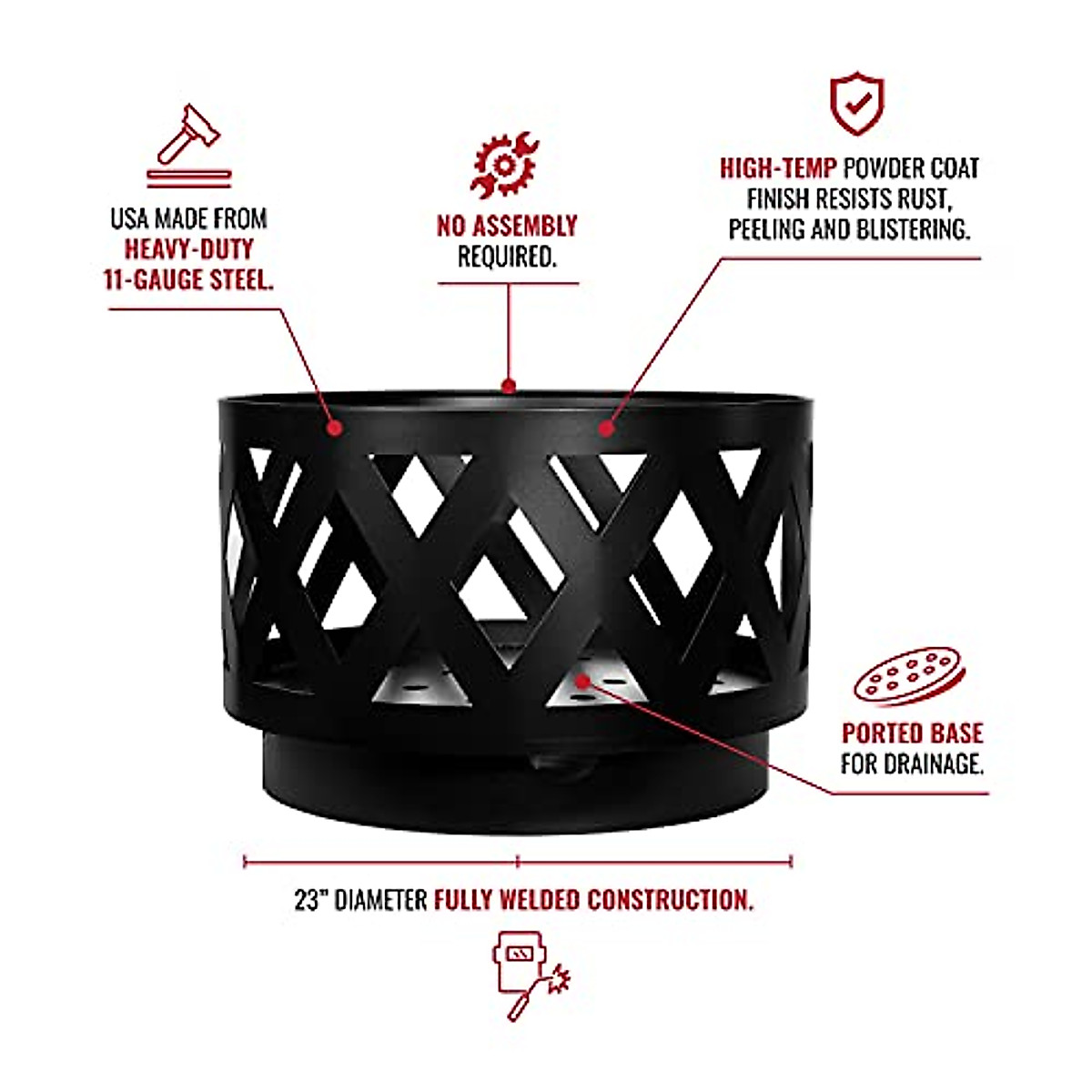 OXG Diamond Design Round Fire Pit - Black 23" Diameter 11 Gauge Steel USA Made No Assembly