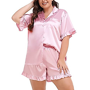 SWOMOG Womens Satin Plus Size Pajamas Silk Short Sleeve Pj Sets Ruffle Shorts 2 Piece Sleepwear Bride Soft Lounge Set 18-26W Pink