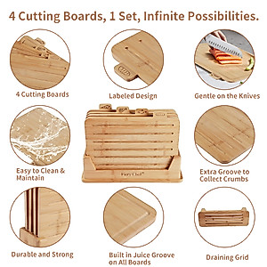 Fiery Chef Bamboo Cutting Board Set of 4 - Wood Cutting Board Set with Holder, Chopping Boards Set with Food Icons, Juice Groove - Ideal for Meat, Fish, Bread, Vegetable, Fruit Chopping