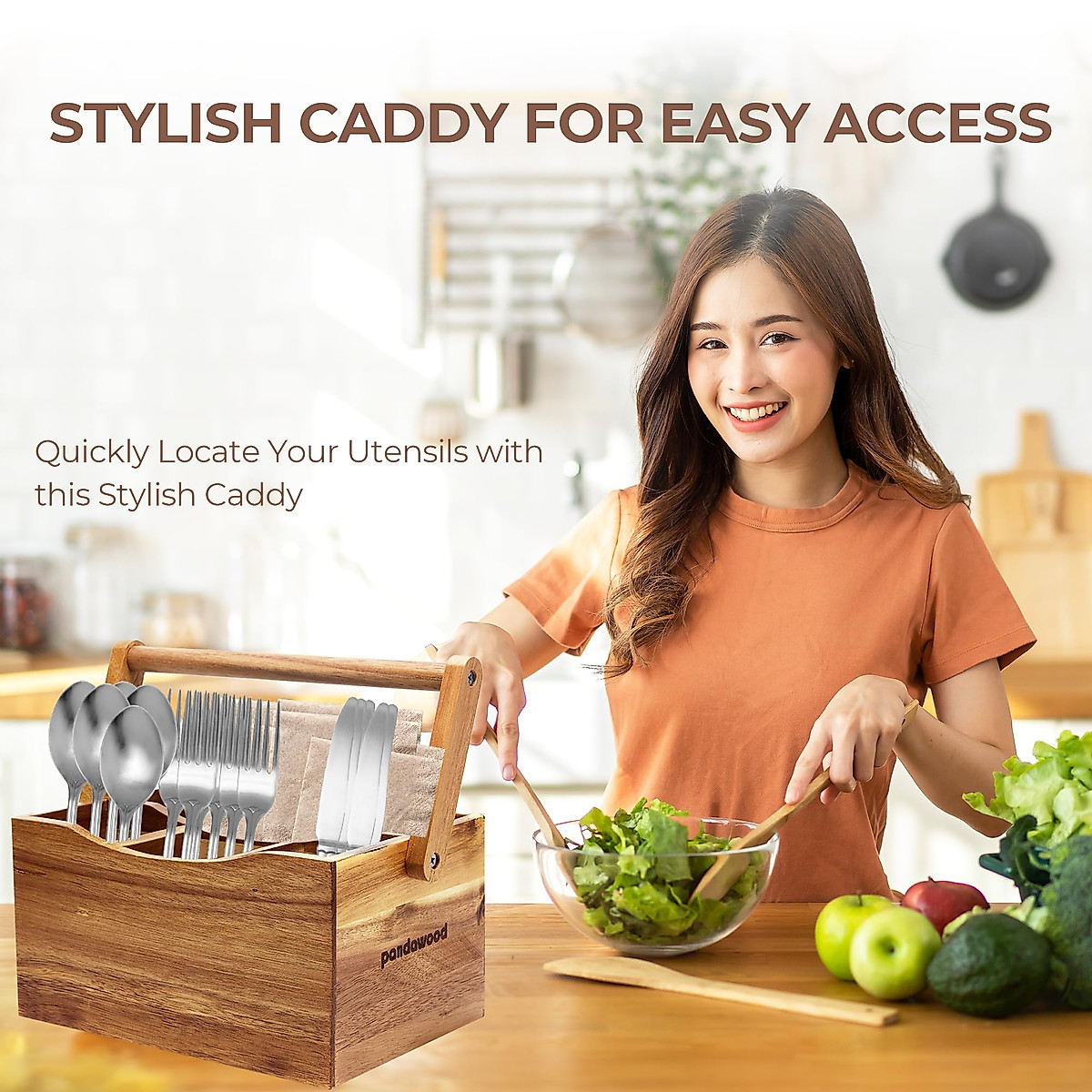 PANDAWOOD Acacia Wood Silverware Caddy - Outdoor Utensil Holder for Parties, Camping & Picnics