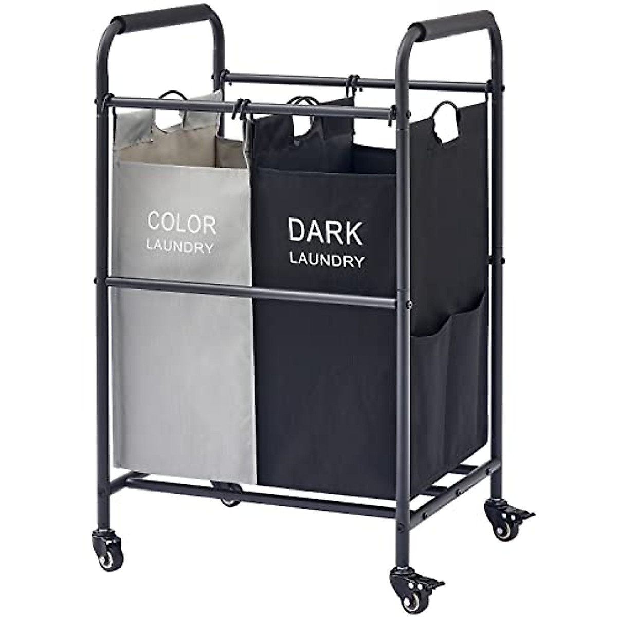 Tajsoon 2 Bag Laundry Sorter Cart, Laundry Hamper Sorter Basket with Heavy Duty Lockable Rolling Wheels for Clothes Storage, Black & Grey