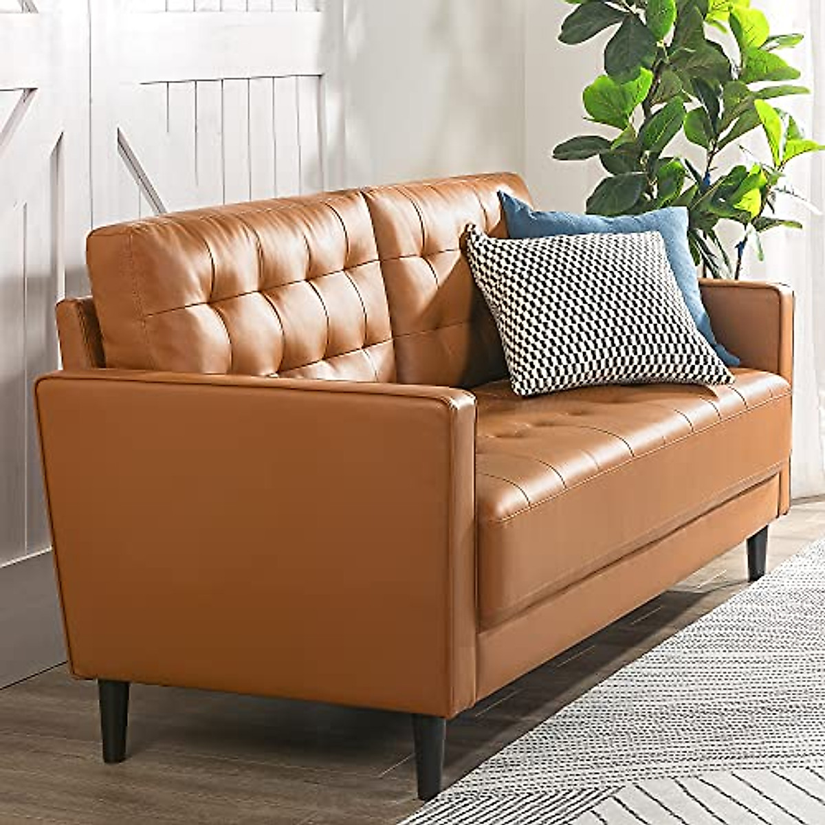 ZINUS Benton Faux Leather Sofa Couch, Easy, Tool-Free Assembly, Cognac