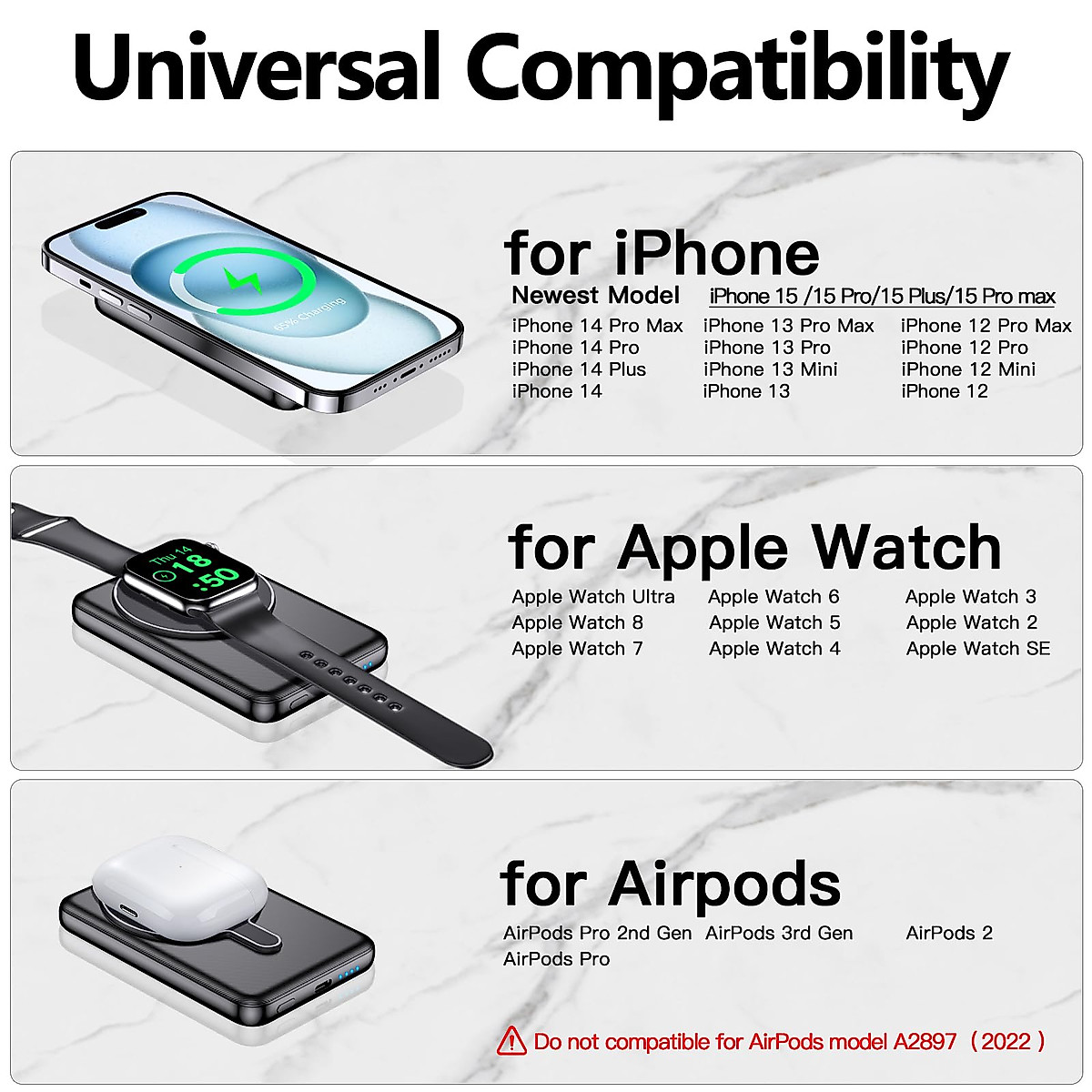 kurdene Wireless Portable Charger, 3 in 1 Magnetic Power Bank Compatible with iWatch Charger,5000mAh Mag-Safe Batteries Pack,Compatible with iPhone 15/14/13/12 Series, Apple Watch, Airpods-Black