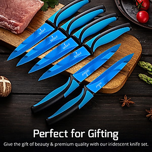 SiliSlick Stainless Steel Steak Knife Set - Titanium Coated Colorful Kitchen Knives with Straight Edge, Smooth & Sharp - Rainbow Iridescent Kitchen Gifts & Accessories