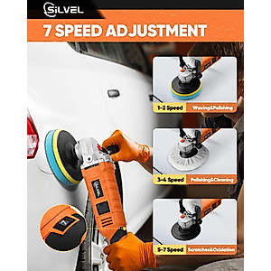 SILVEL Buffer Polisher, 1600W 7 Inch/6 Inch Polisher for Car Detailing, Wax Machine, 7 Variable Speed, with 6 Foam Pads, 3 Wool Pads, Packaging Bag, for Boat Polishing and Waxing