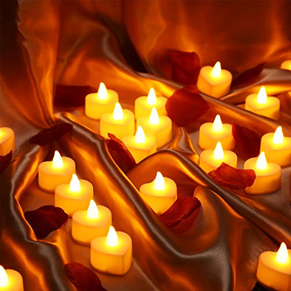 1000 Pieces Artificial Rose Petal with 24 Pieces Romantic Heart Candles Flameless Romantic Led Tealight Candle for Romantic Night Birthday Valentine's Day Anniversary Wedding Table Decor (Yellow)