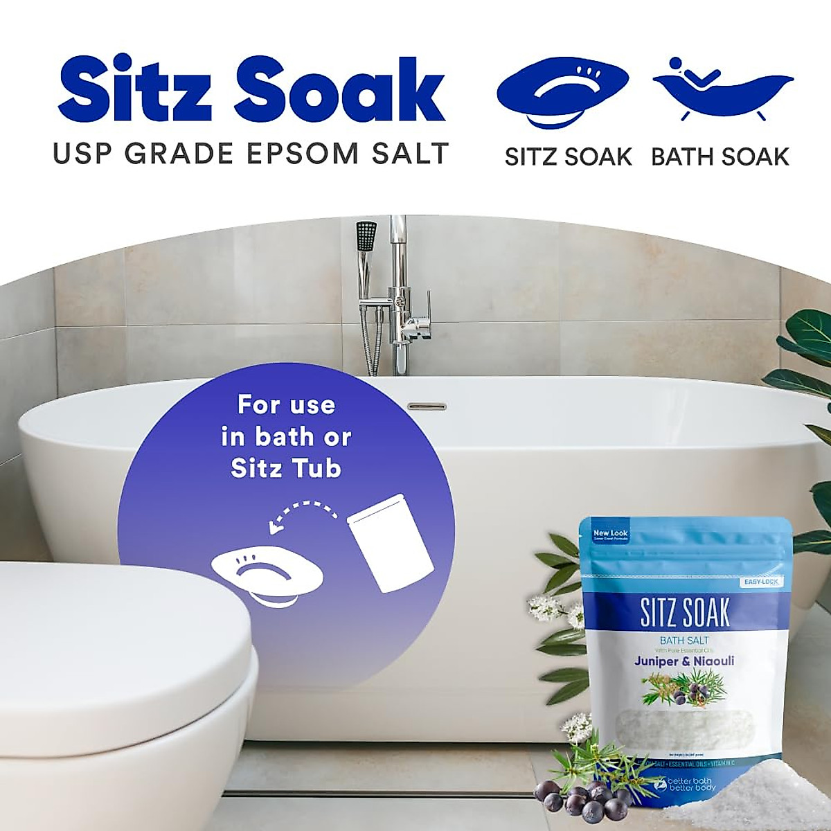 Sitz Bath Soak 2-Lbs Sitz Salt Epsom Salt Hemorrhoid Soothing with Pure Essential Oils in BPA Free Pouch with Press-Lock Seal Made in USA
