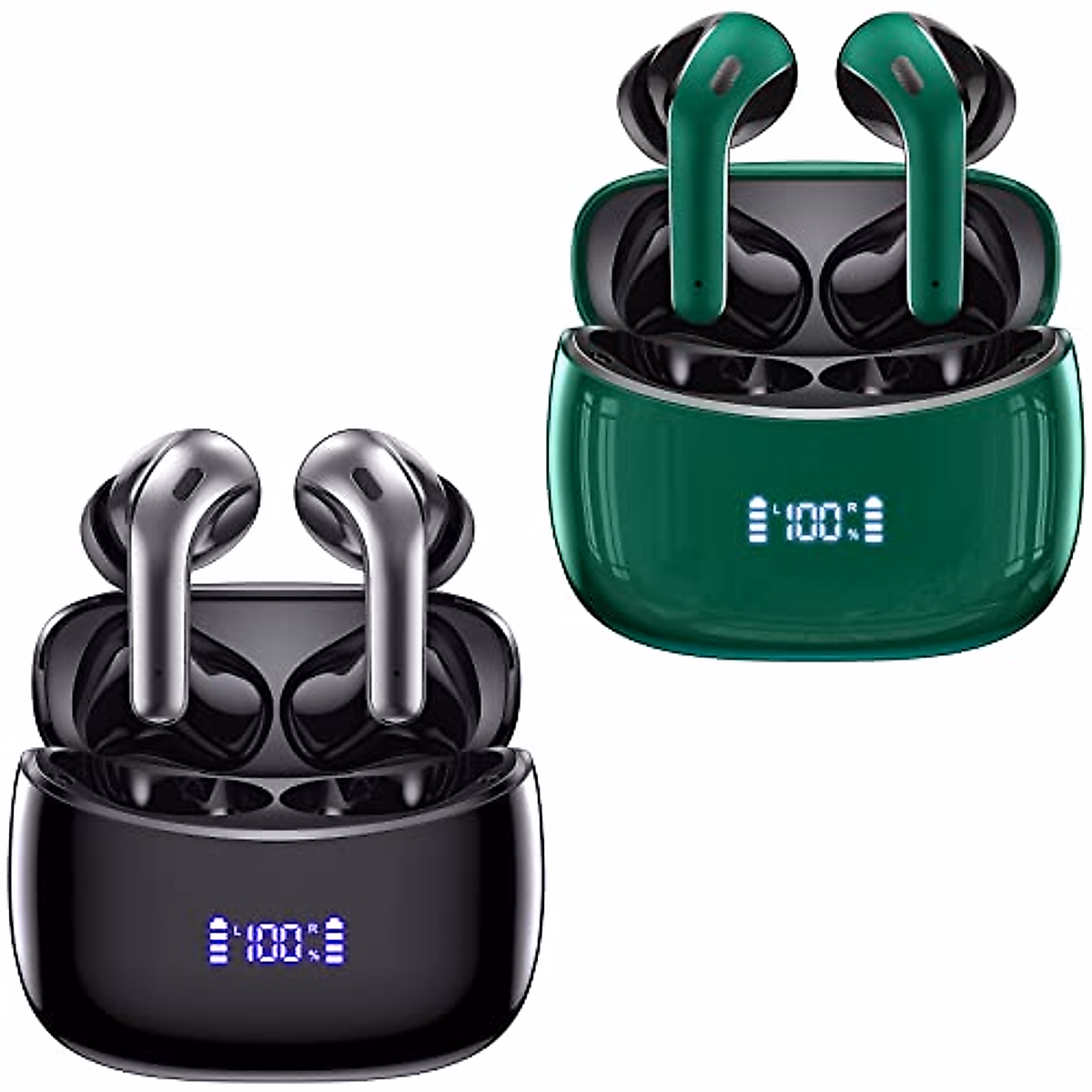 2 Sets Wireless Earbuds Bluetooth Headphones 60H Playtime Ear Buds with LED Power Display Charging Case Earphones in-Ear Earbud with Microphone for Android Cell Phone Gaming PC Laptop Black + Green
