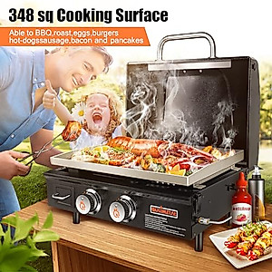 QuliMetal Portable Griddle Flat Top Grill 22 Inch Table Top Grill with Hood 2 Burner Gas Grill Propane Grill with Carry Bag Outdoor Griddle Camping Griddle 24,000 BTU 348 Sq 304 Stainless Steel