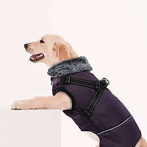 Dog Winter Coat with Harness, Windproof Warm Puppy Cold Weather Vest, Reflective Zip Up Pet Jacket, Water-Resistant Doggie Snow Clothes, Soft Fleece Lining Pup Apparel Thick Plush Collar Outfit(L)