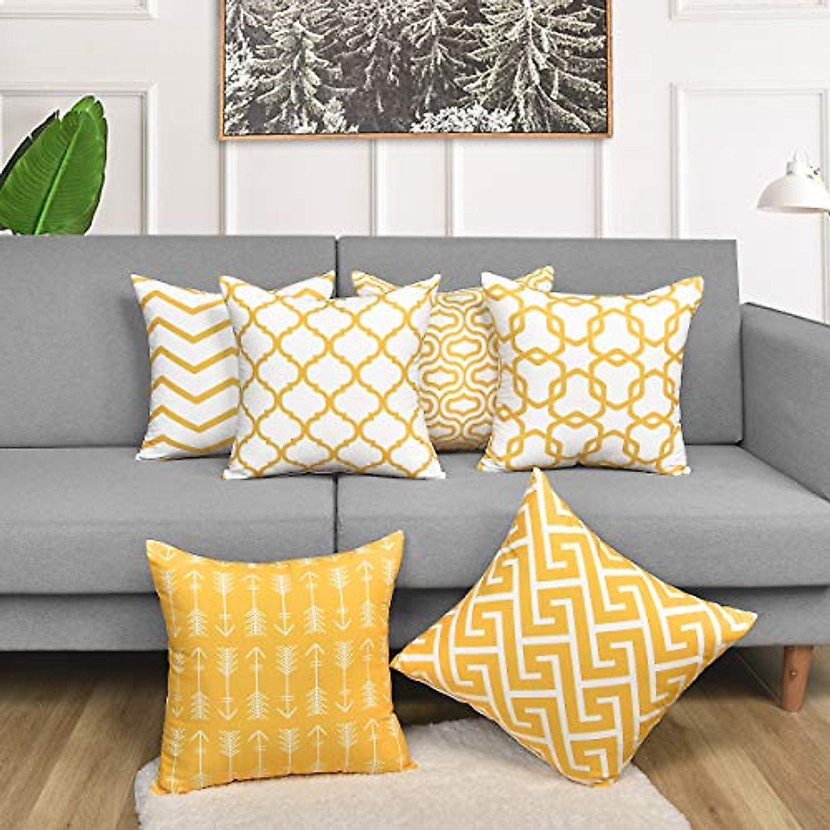 Yastouay Throw Pillow Covers Set of 6 Modern Decorative Throw Pillow Cases Geometric Pillow Covers Cushion Covers for Couch Sofa Bedroom Car (Yellow and White, 18 x 18 Inch)