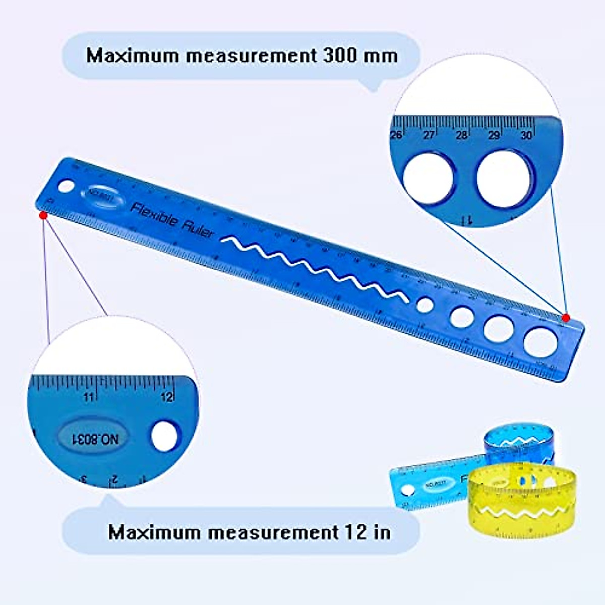 4 Packs Colorful Deformable Soft Plastic Ruler, Metric Transparent Flexible Ruler 12 inch,Straight Rulers for Schools, Offices, Families, and Kids, in Centimeters and inches