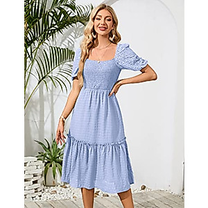 MURMUREY Womens Summer Puff Short Sleeve Boho Smocked Dress Square Neck Empire Waist A Line Layered Midi Dresses