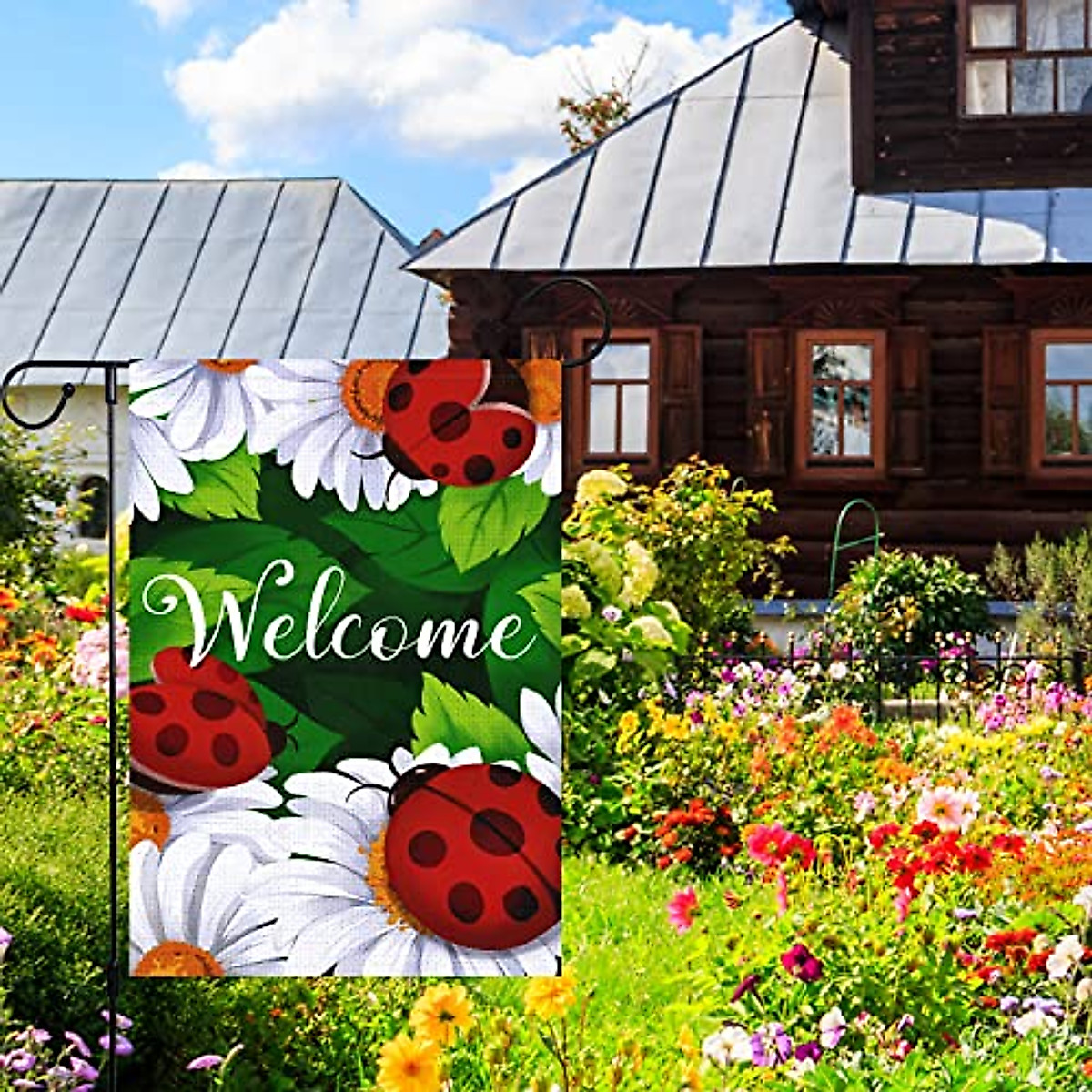 Welcome Spring Garden Flag 12x18 Double Sided Burlap Vertical Spring Yard Flags The Beatles Floral Banner for Seasonal Summer Outdoor Farmhouse Decoration(ONLY FLAG)