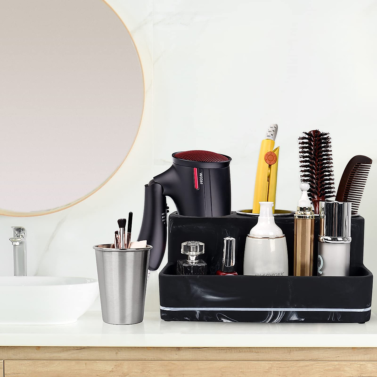 Hair Dryer Holder,Hair Tool Organizer Bathroom Countertop Blow Dryer Holder Hair Accessories Styling Tools Organizer for Hair Dryer,Flat Irons,Curling Wands,Hair Straighteners-Black Marble Look