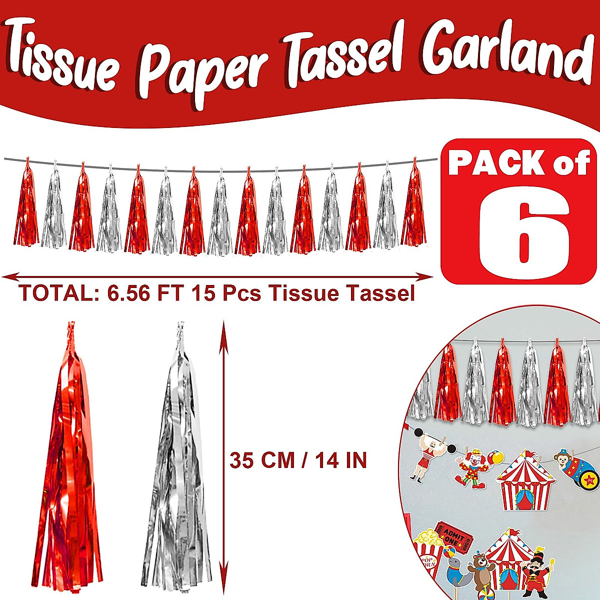 6P Foil Fringe Metallic Tassel Streamers Banner Tassel Garland for Parade Floats, Bachelorette, Wedding, Birthday, Halloween, Christmas, Bridal/Baby Shower Party Decorations (RedSilver)