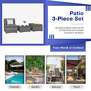 Patiorama 3-Piece Patio Furniture Set, Outdoor Sectional Sofa, All-Weather Grey PE Wicker Rattan Conversation Set, Outdoor Couch Loveseat Sofa w/Coffee Table for Deck Balcony Pool(Dark Grey Cushion)