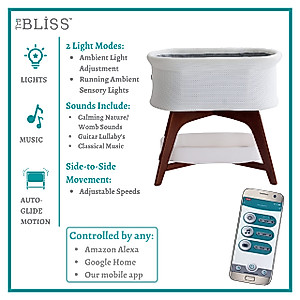 TruBliss Evi Smart Baby Bassinet - Beside Sleeper with Auto-Glide & Sensory Sounds, Compatible with Alexa and Google Home - Includes 2 Bamboo Sheets (Soft White W/Natural Legs)